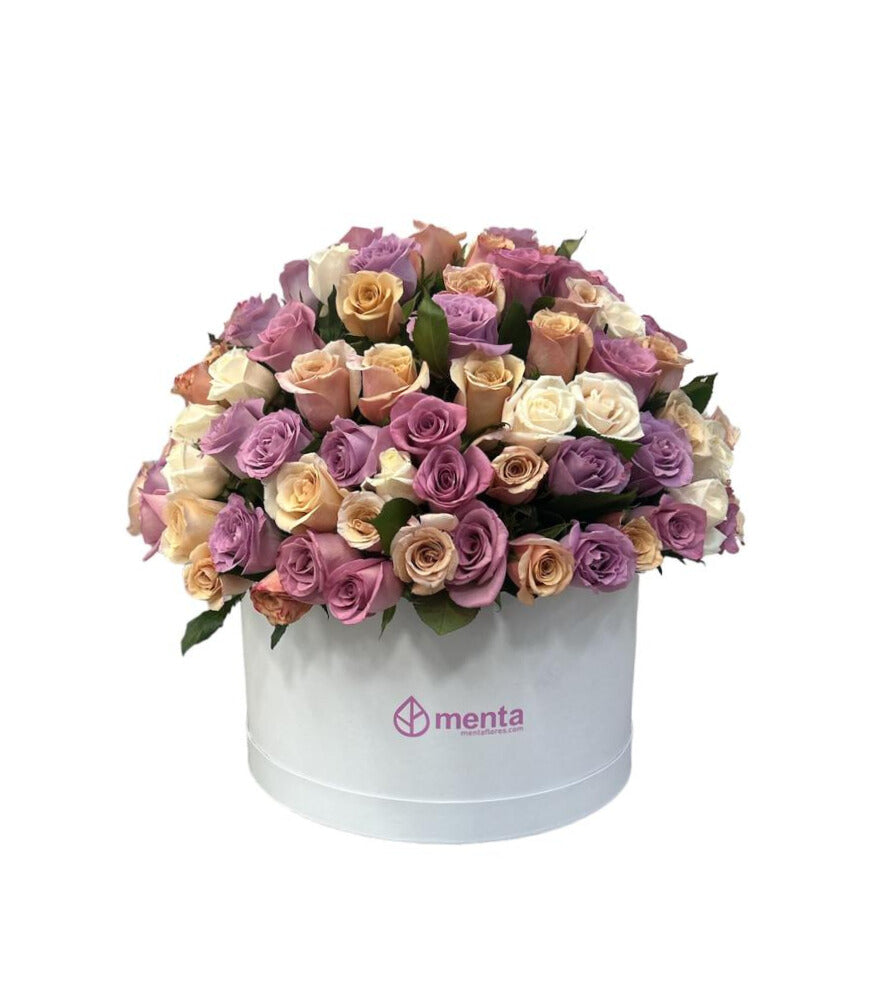 Anahí-caja redonda blanca con 125 rosas de color pastel – Menta Flores 🇲🇽