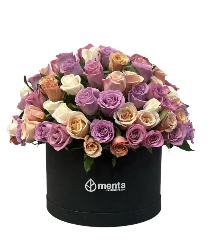Anahí-caja redonda negra con 125 rosas de color pastel – Menta Flores 🇲🇽