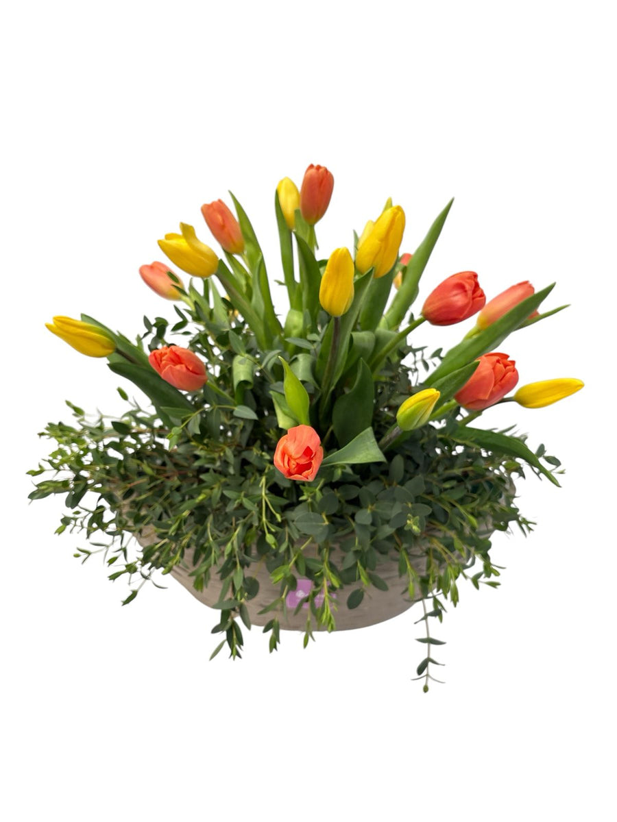 Gretta - base efecto madera con 30 tulipanes mixtos – Menta Flores 🇲🇽