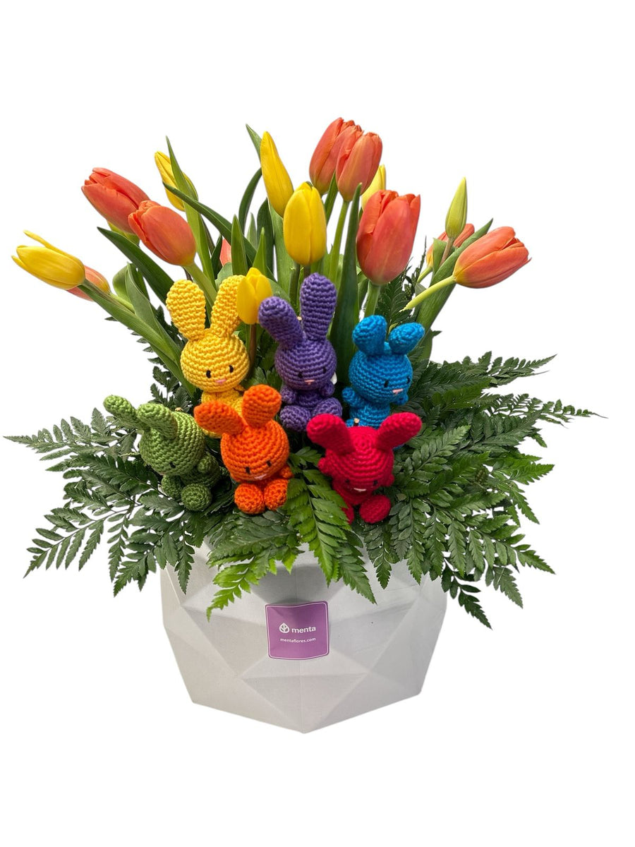 Luca-caja con 20 tulipanes y kit Luca 6 peluches – Menta Flores 🇲🇽