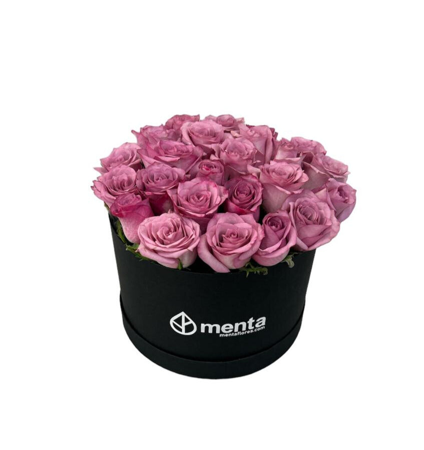 Vilma-caja redonda negra con 24 rosas lilas – Menta Flores 🇲🇽