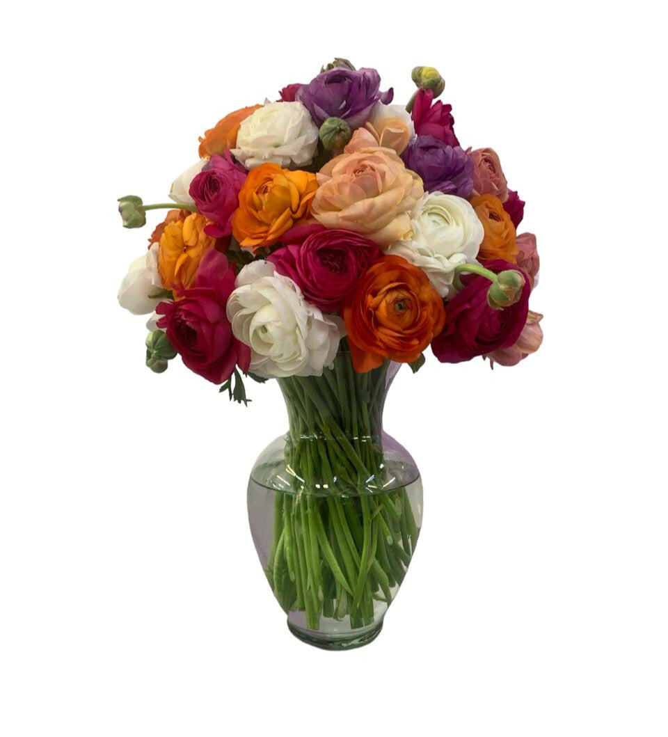Mérida-florero de cristal con ranunculos de colores – Menta Flores 🇲🇽